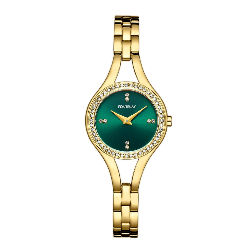 Women's watch, quartz movement, green dial with zircon stones - FNT-0032